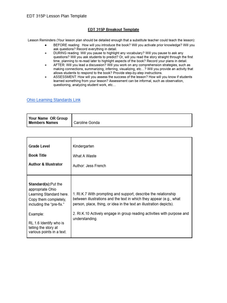 Tce 315p Lesson Plan Template 11 28 | PDF | Lesson Plan | Reading ...