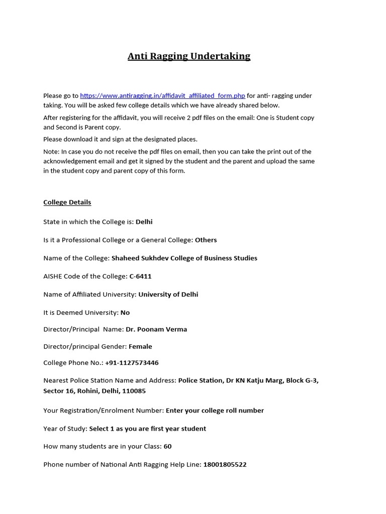 Anti Ragging Undertaking Instructions | PDF