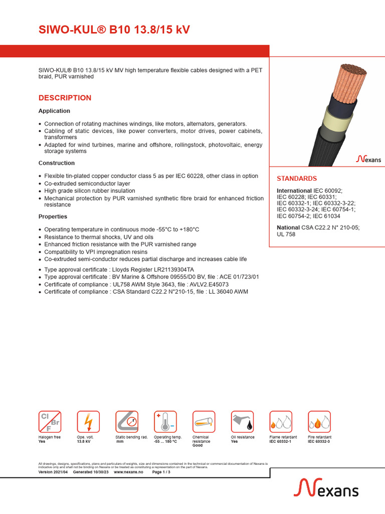 Nexans - SIWO KUL B10 13 8 15 KV | PDF | Electrical Resistance And Conductance | Polyurethane