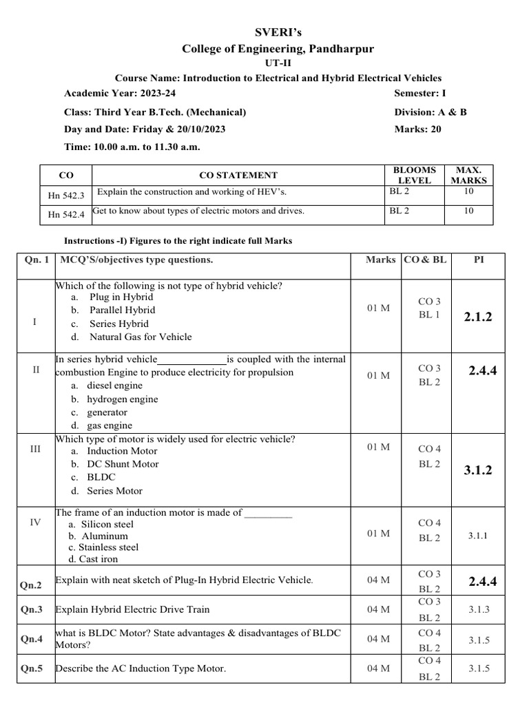 UT-II IEHEV Question Paper | PDF | Hybrid Vehicle | Engines