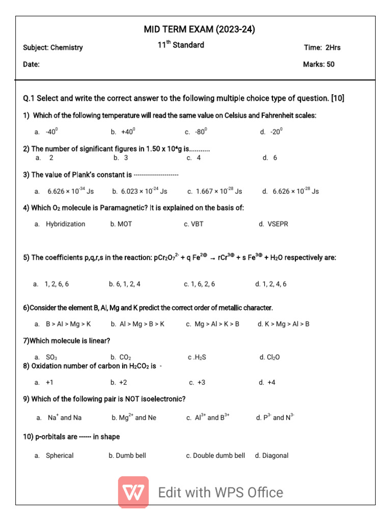 Mid Term Exam Chemistry Paper 2023-24 | PDF | Chemical Bond | Atomic ...