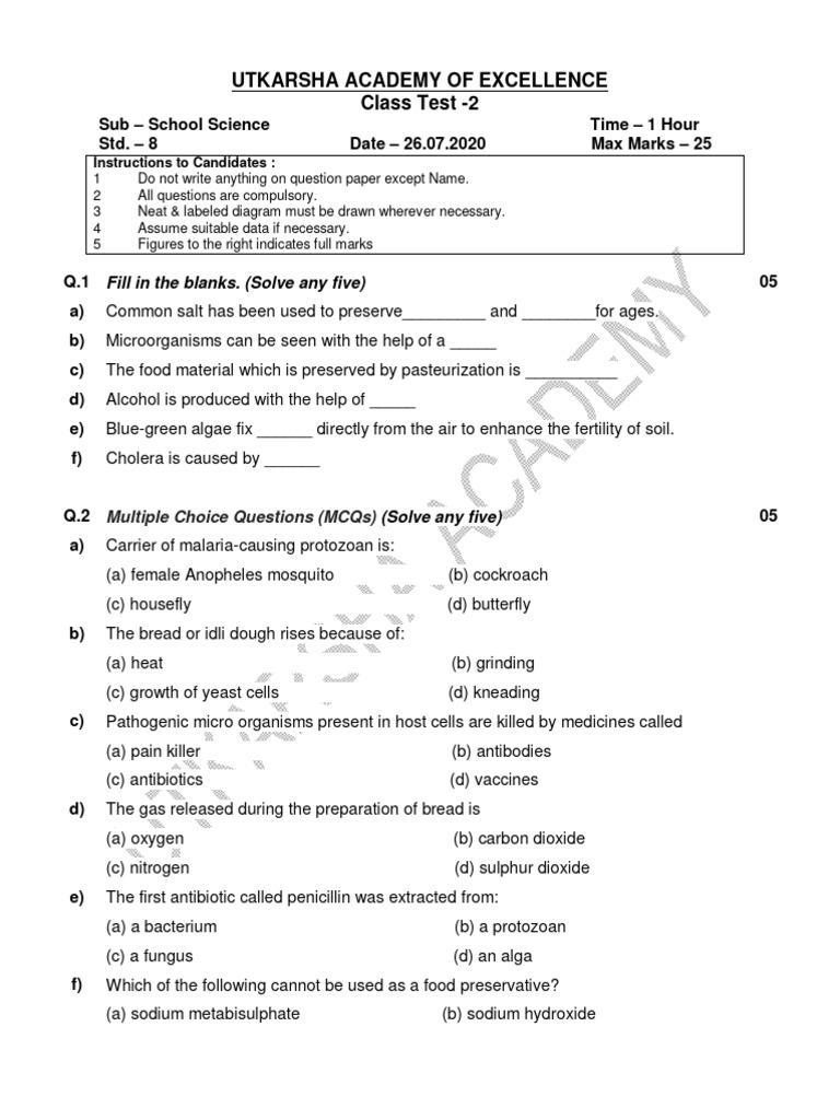 Class 8 Science Test Paper | PDF | Microorganism | Pathogen