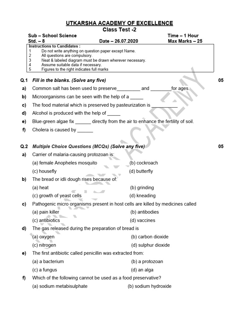 School Science Class Test - 2 | PDF | Microorganism | Pathogen