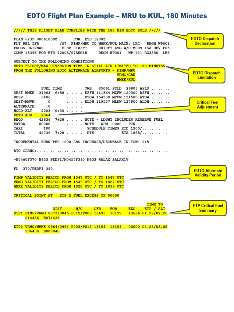 EDTO Flight Plan: MRU to KUL 180 Min | PDF | Vehicles | Aviation