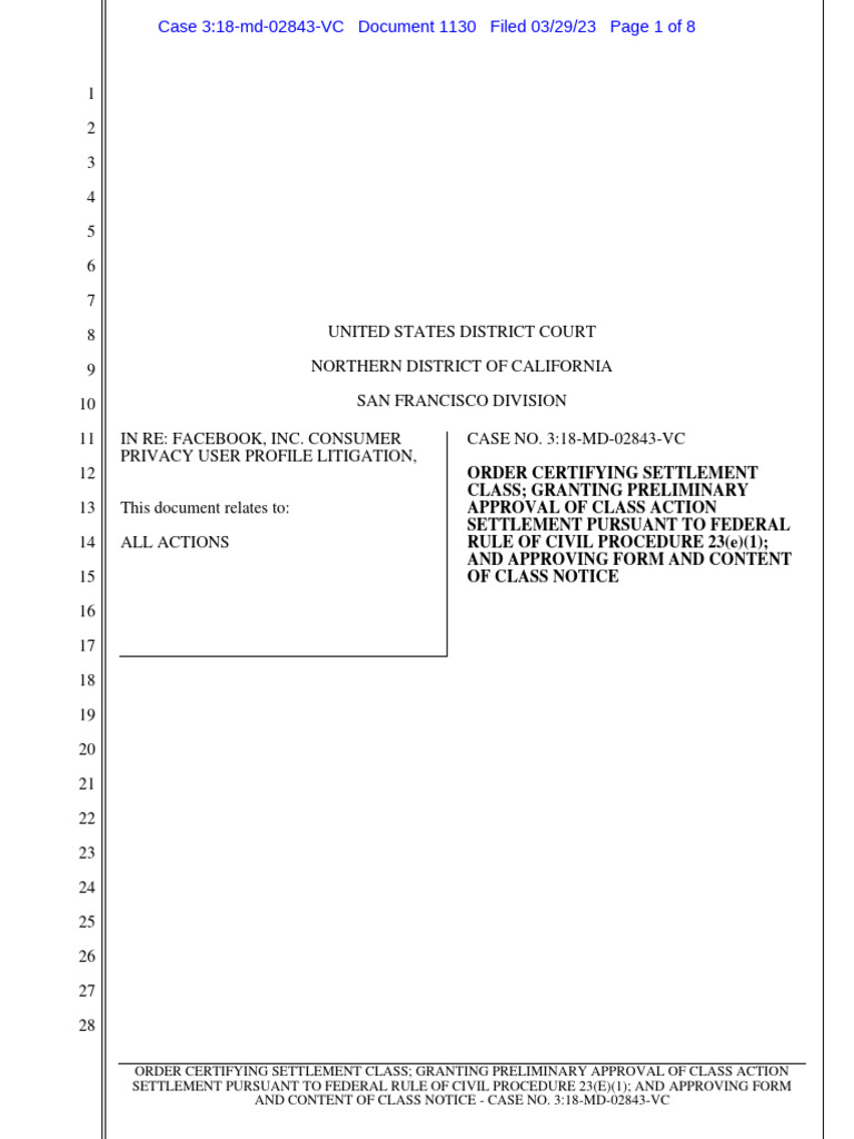 Facebook Class Action Settlement Order | PDF | Settlement (Litigation ...