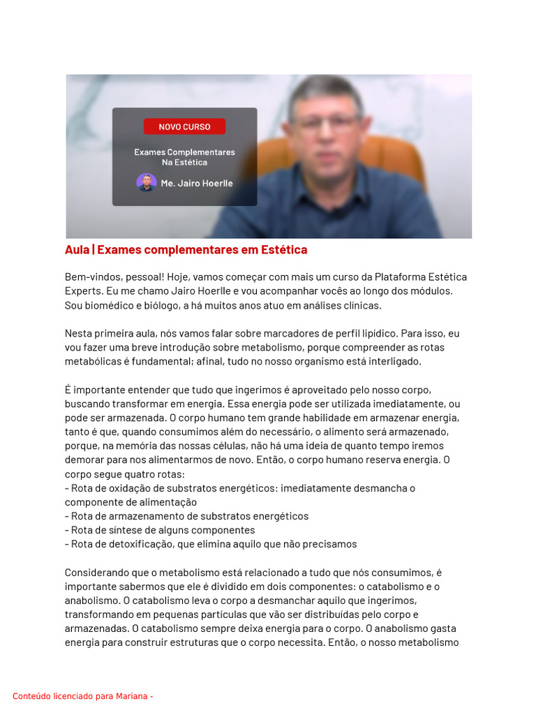 Aula - Exames Complementares em Estética: Conteúdo Licenciado para Mariana | PDF | Colesterol ...