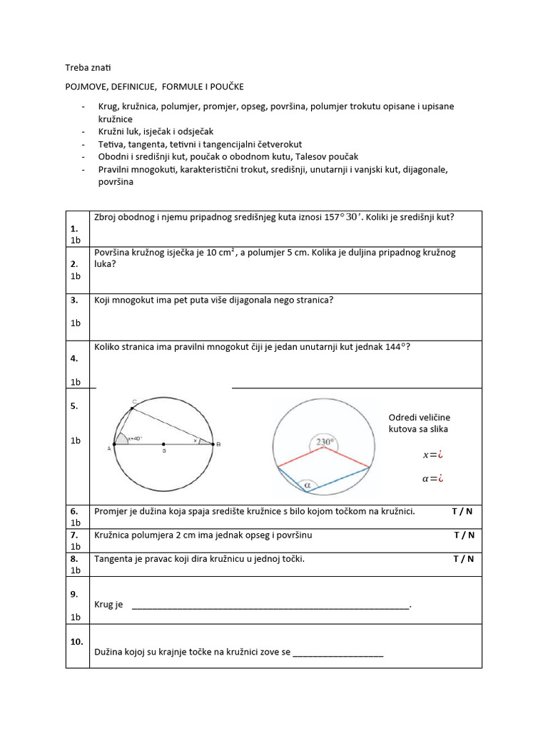 RL1-Krug I Kružnica Za Ispit | PDF