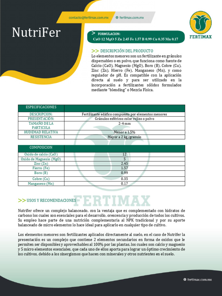 Ficha Tencnica Nutrifer (Elementos Menores) | PDF | Fertilizante | Cobre