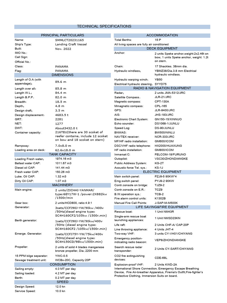 Landing Craft Specs SMMLCT20231165 | PDF | Anchor | Ships