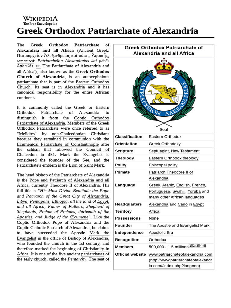 Greek Orthodox Patriarchate of Alexandria | PDF | Religious ...