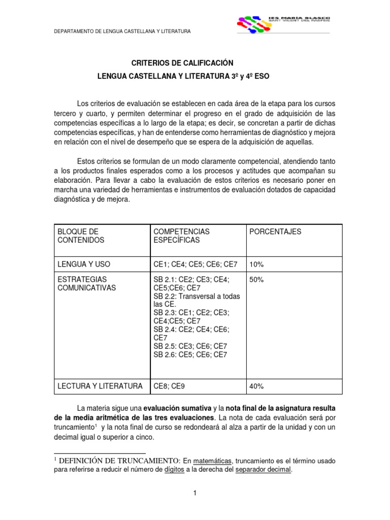 Criterios de Calificación 3º y 4º Eso | Descargar gratis PDF | Evaluación