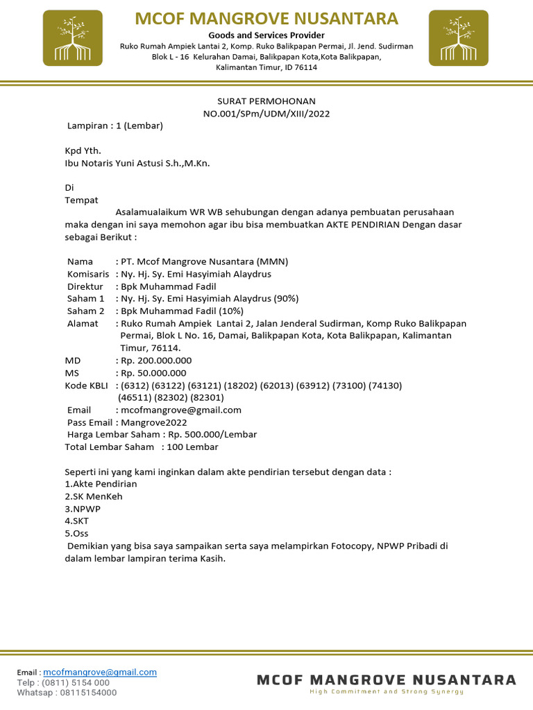 Permohonan Akte Pendirian PT Mcof Mangrove | PDF