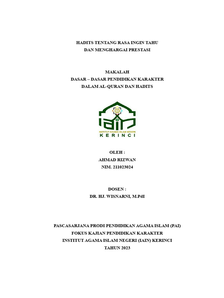 Hadits Tentang Rasa Ingin Tahu Dan Menghargai Prestasi | PDF Hadits Tentang Rasa Ingin Tahu Dan Menghargai Prestasi | PDF