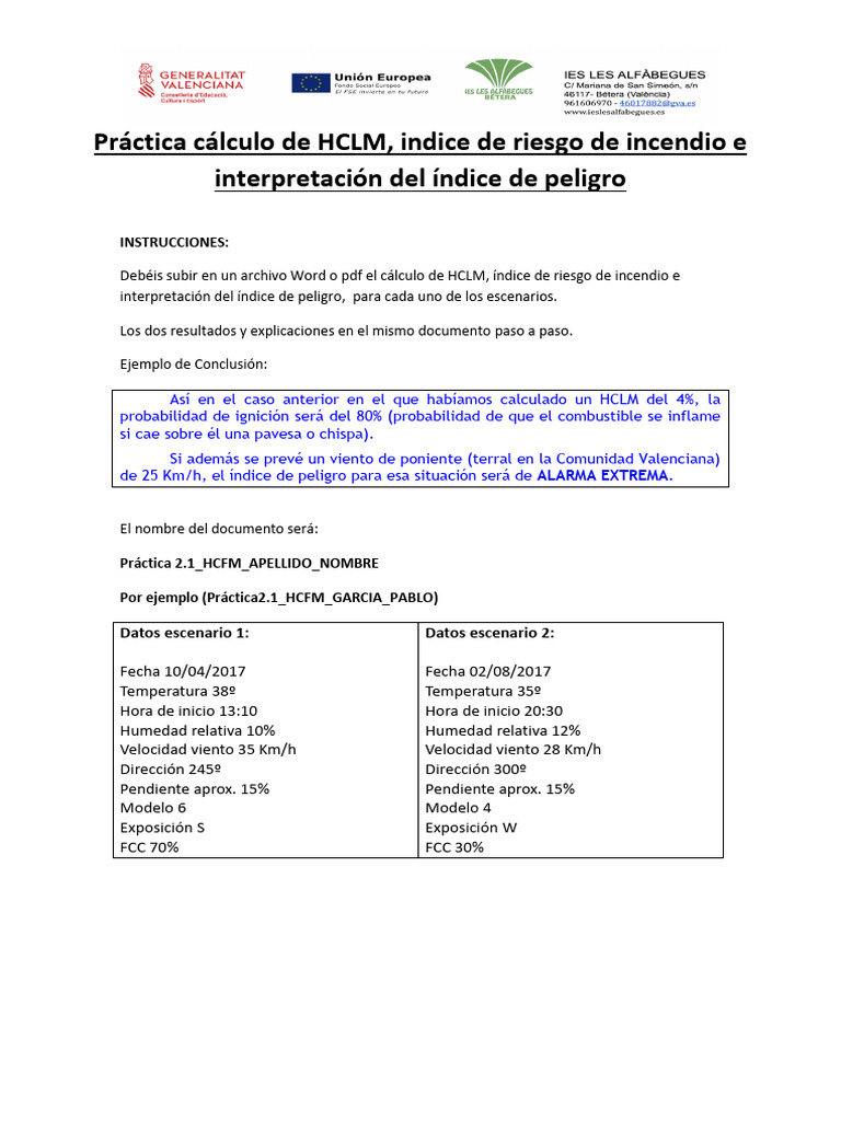 Práctica de Cálculo de HCLM, Indice de Riesgo de Incendio e ...