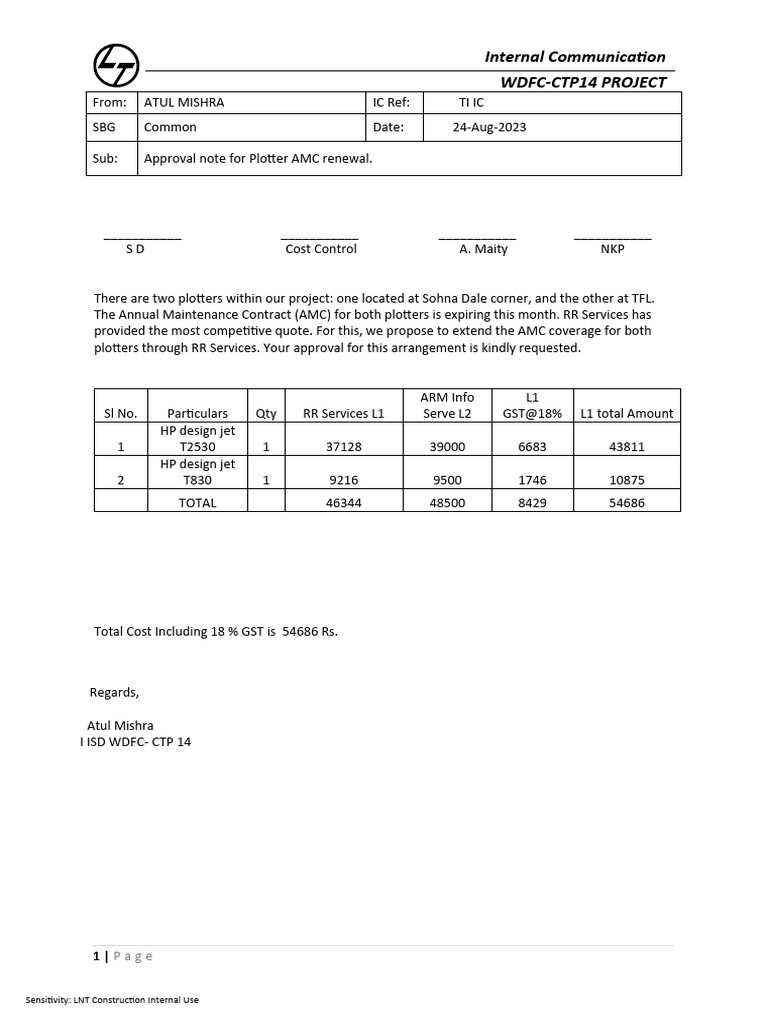 HP Plotter AMC Approval Note | PDF