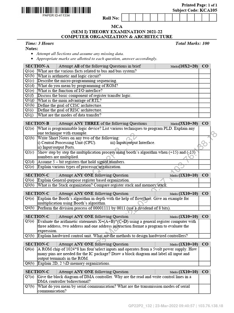 Mca 1 Sem Computer Organization and Architecture Kca105 2022 | PDF | Input/Output | Logic Gate