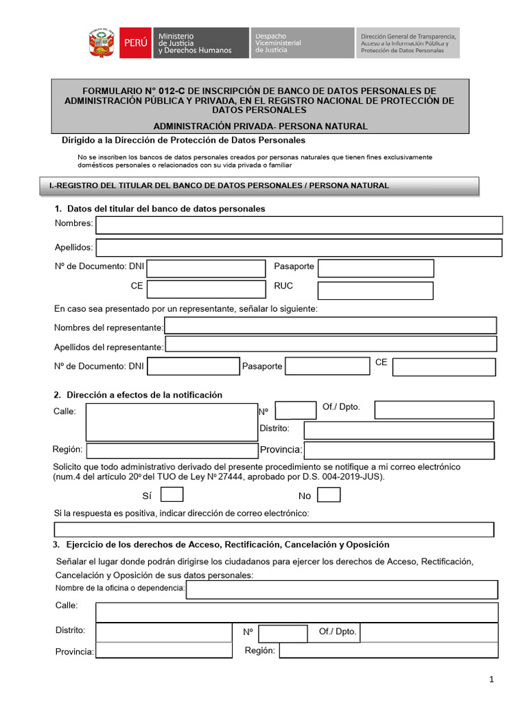 For 012-C Inscripción de Banco de Datos Personales de Administración ...