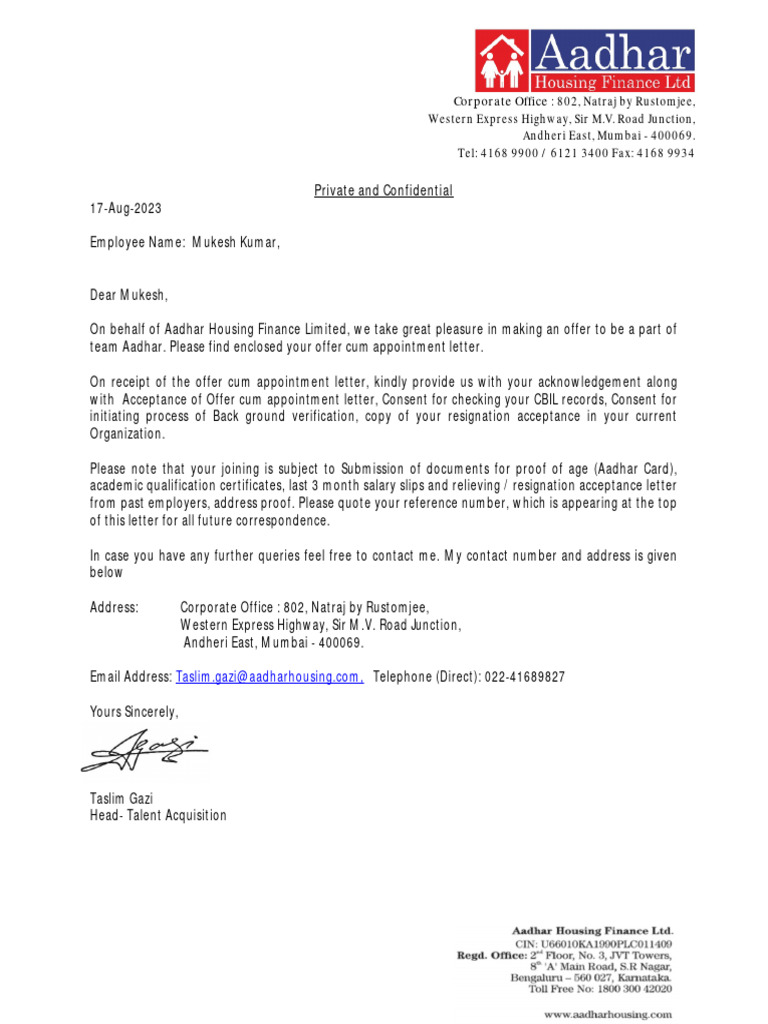 Offer Letter Aadhar | Download Free PDF | Employment | Confidentiality