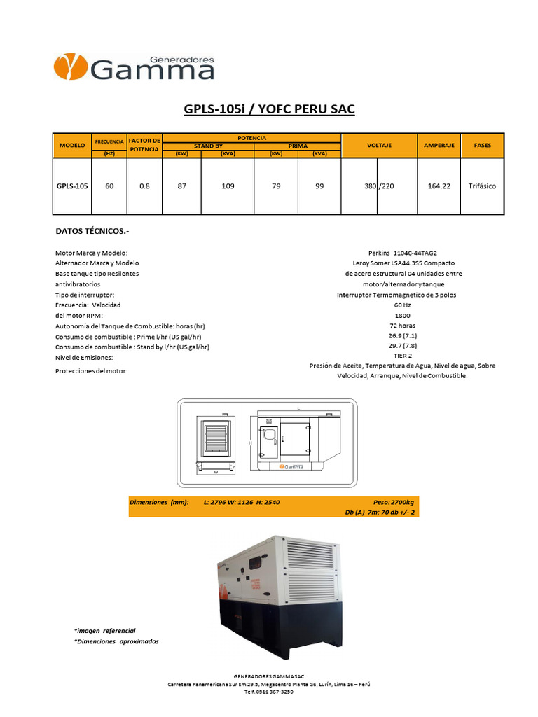 5.1.3.14 Ficha Técnica de Generador - GAMMA GPLS-105i | PDF | Inyección ...