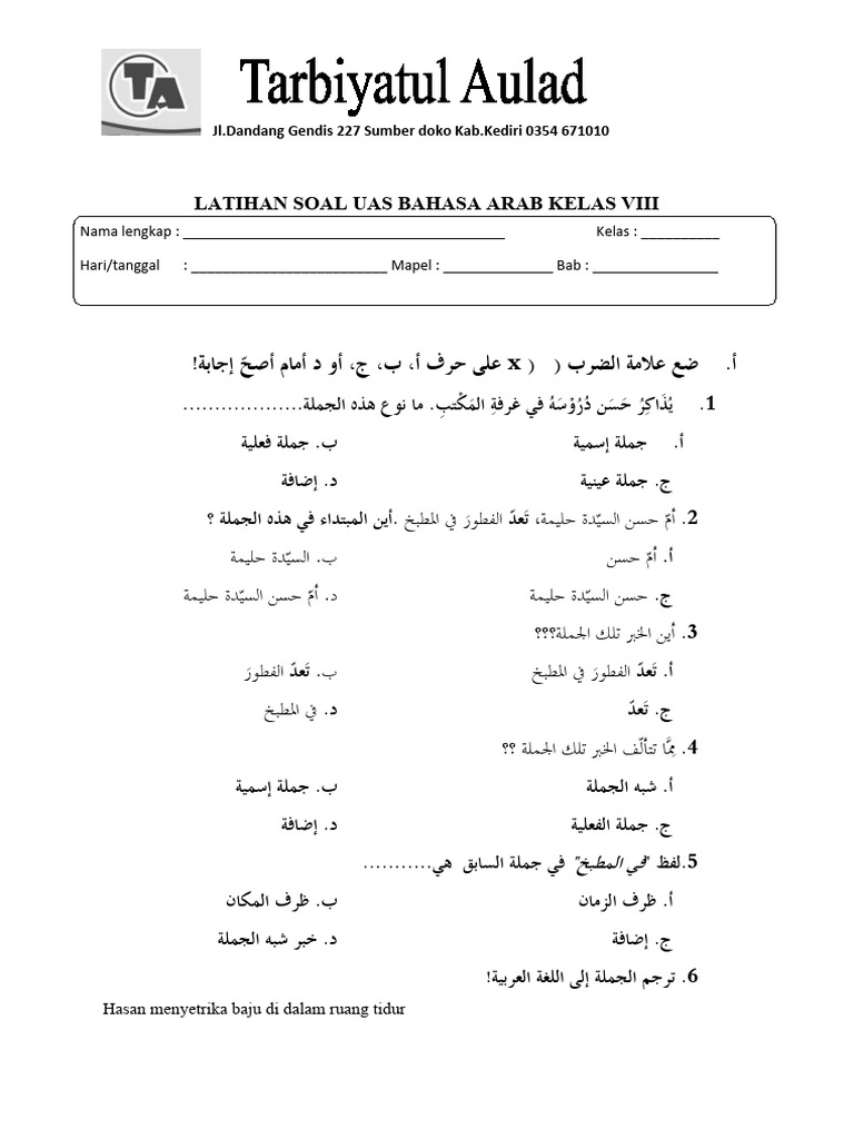 Latihan Soal Uas Bahasa Arab Kelas Viii | PDF