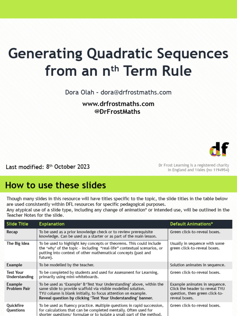Quadratic Sequences for Teachers | PDF | Algebra | Quadratic Equation