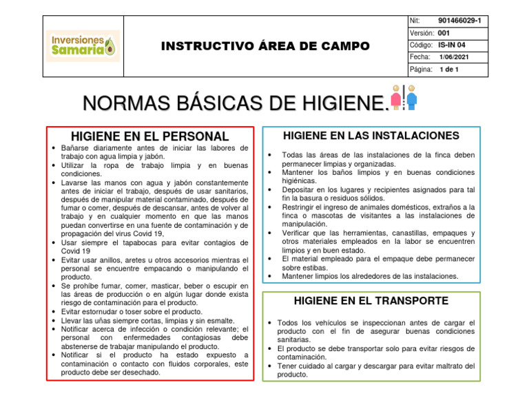 Is-In 04 Normas Basicas de Higiene | PDF | Higiene | Lavado de manos
