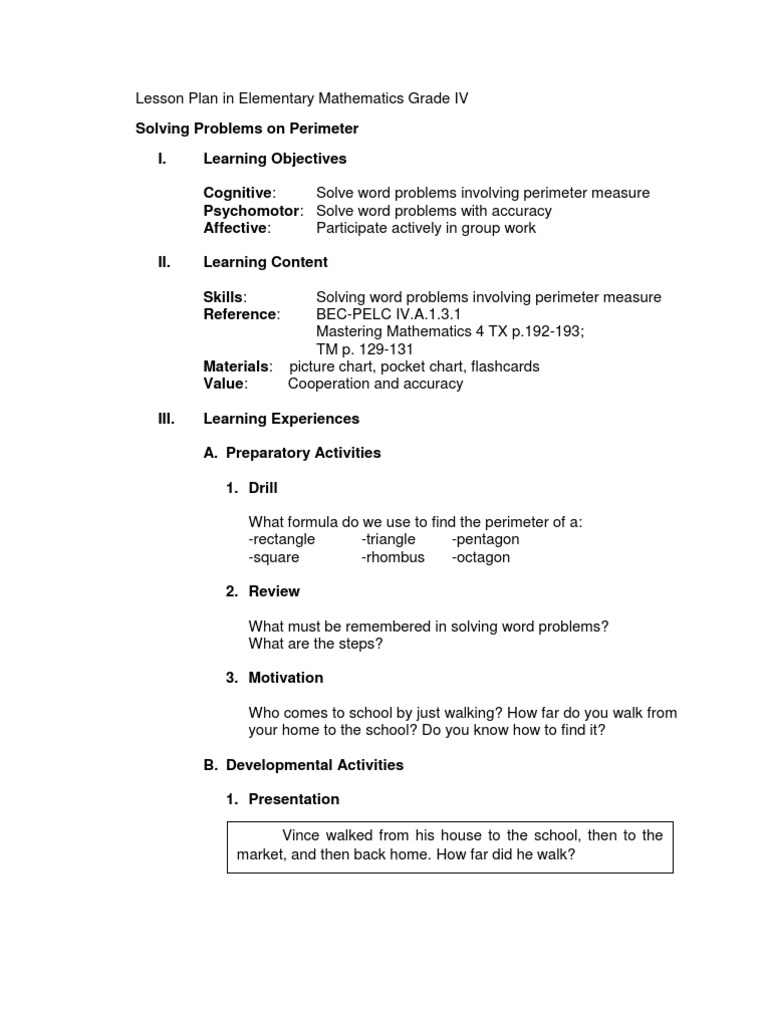 Solving Problems on Perimeter: A Lesson Plan for 4th Grade Elementary ...