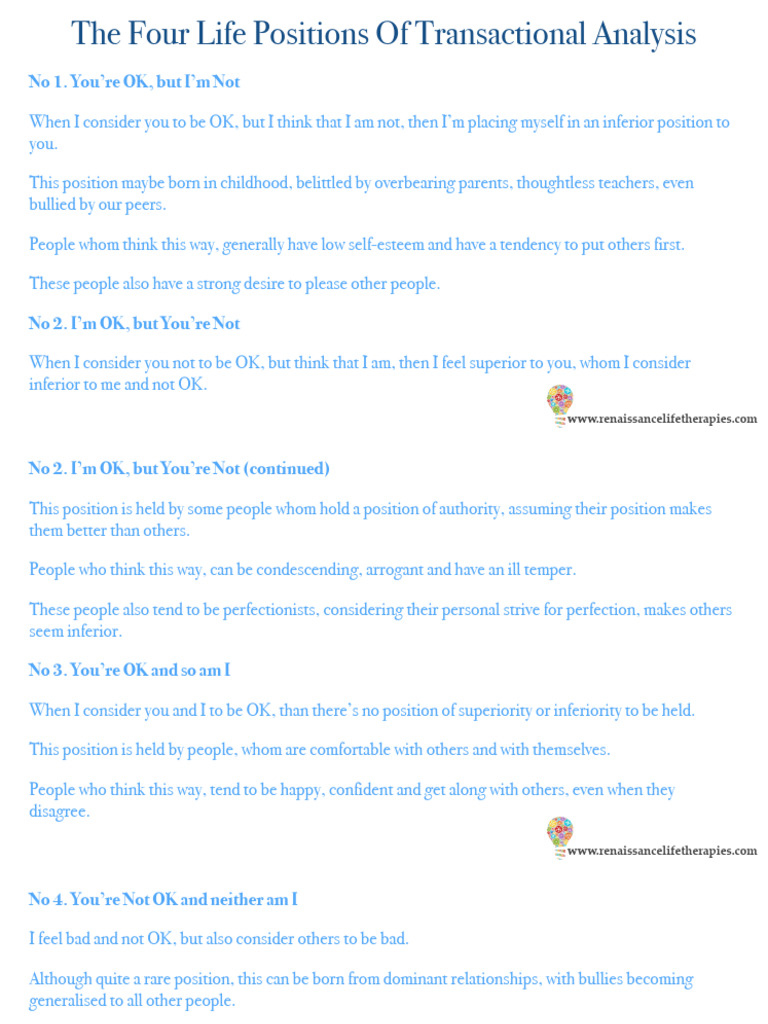 The Four Life Positions of Transactional Analysis | PDF | Psychology ...