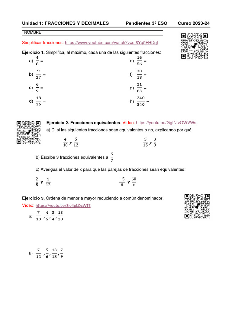 Unidad 1. 4ESO-Fracciones y Decimales-23-24 | PDF | Matemáticas ...