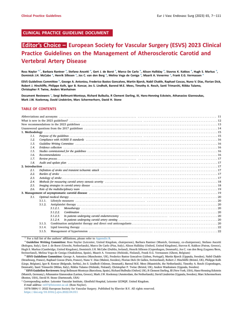 Management of Atherosclerotic Carotid Andvertebral Artery Disease - ESVS Guidleine 2023 ...