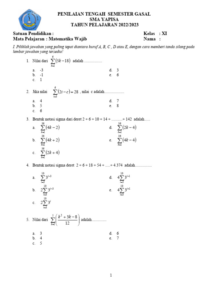 PTS Matematika Wajib Kelas 11 SEM 1 | PDF