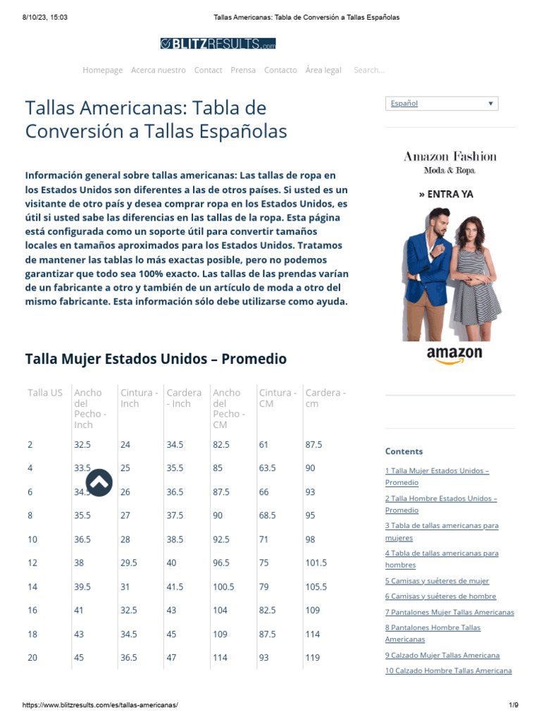 Tallas Americanas - Tabla de Conversión A Tallas Españolas | PDF | Softlines (venta minorista ...