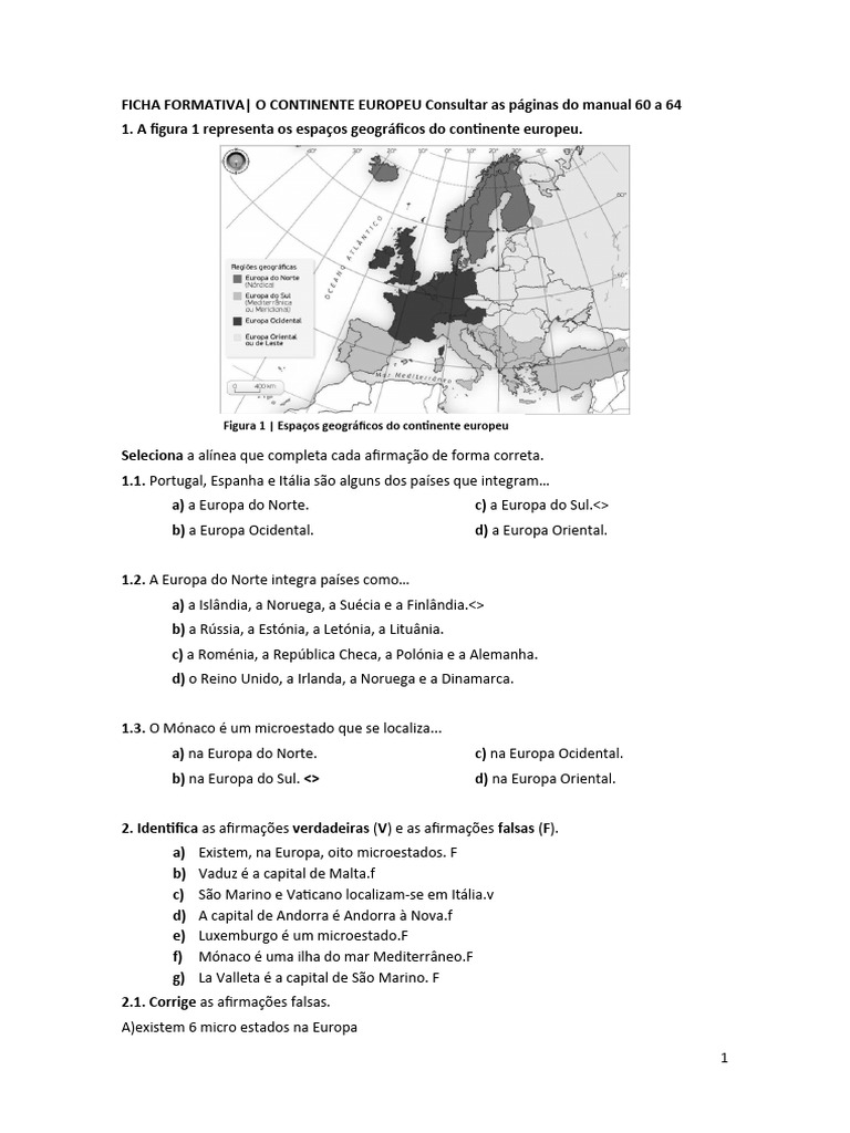 Cópia de Geografia - Ficha Continente Europeu | PDF | Europa | Europa ...