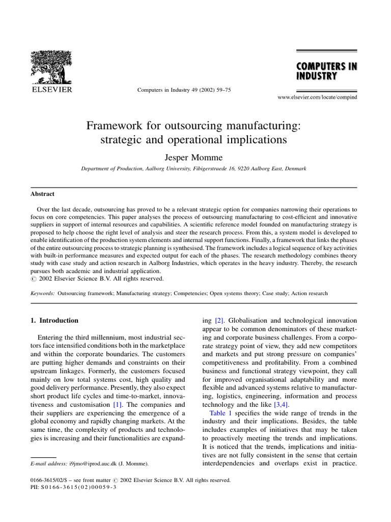 Framework For Outsourcing Manufacturing | PDF | Supply Chain | Outsourcing