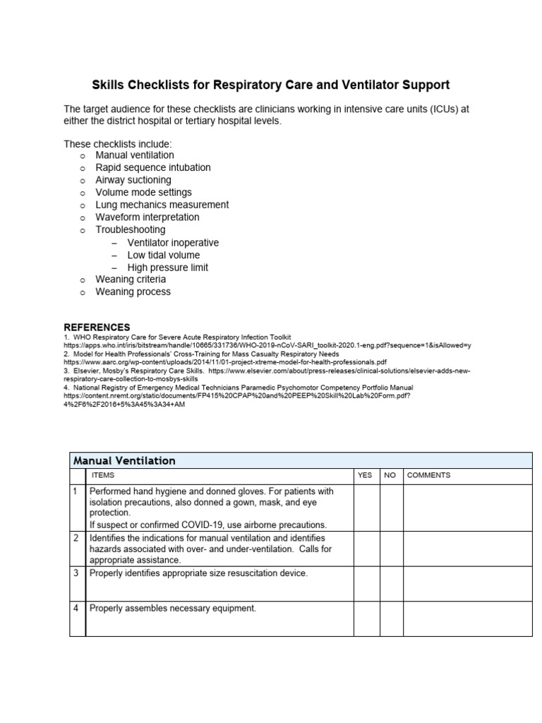 Ventilator Support Skills Checklist | PDF | Pulmonology | Diseases And ...