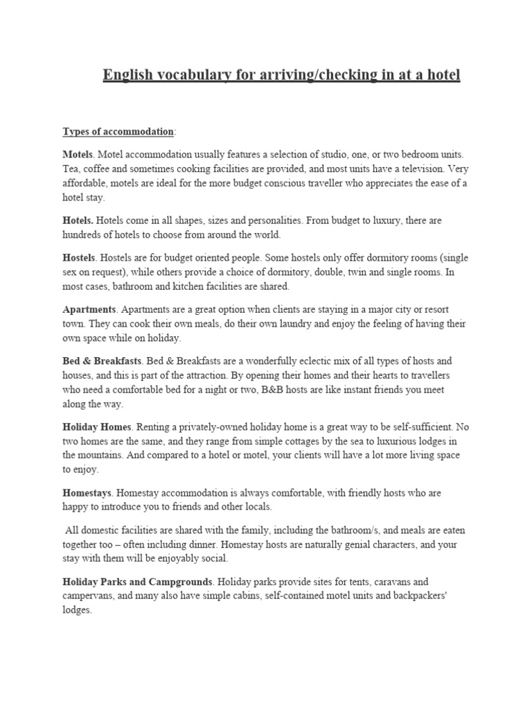 Hotel Accomodation - Arriving and Checking in at A Hotel | PDF | Hotel | Motel