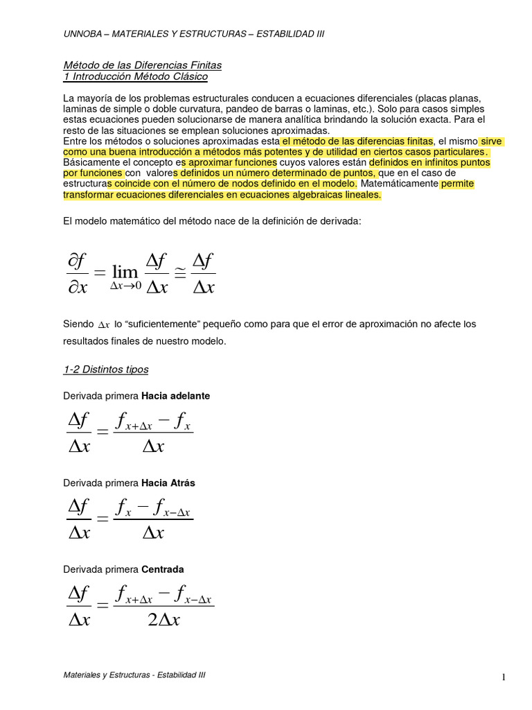 Metodo de Las Diferencias Finitas (Resumen) | PDF | Ecuaciones | Derivado