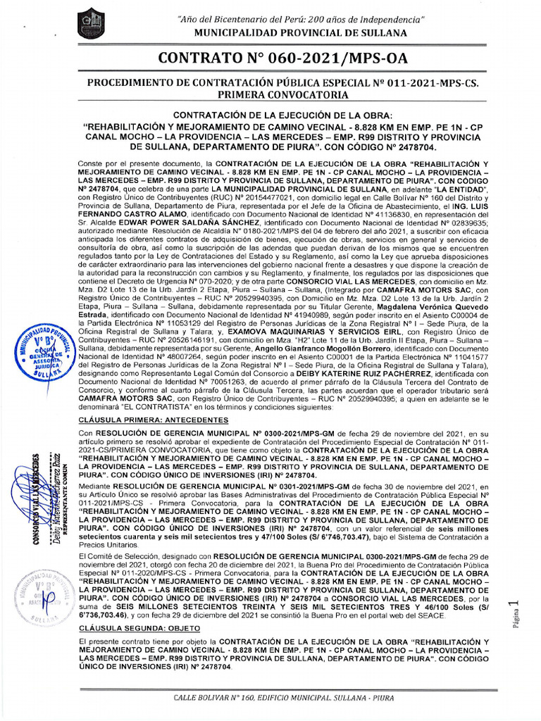 60 Contrato N 060-2021-MPS Pec 11 Canal Mocho | PDF
