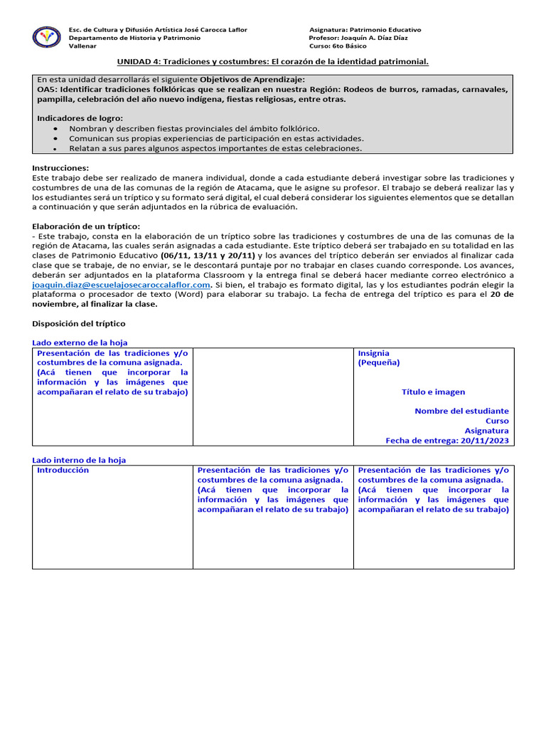 U4 - Elaboración de Trípticos - Tradiciones y Costumbres de Atacama | PDF