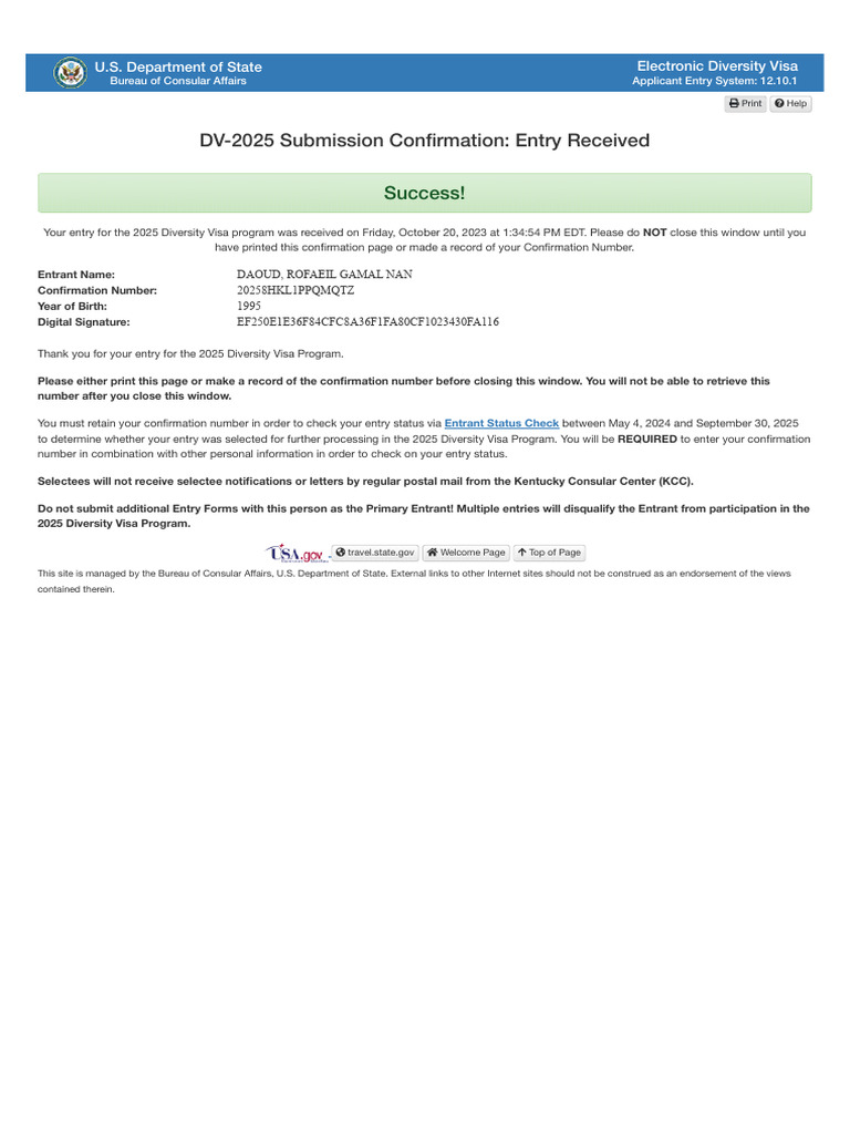 DV-2025 Entry Confirmation Notice | PDF