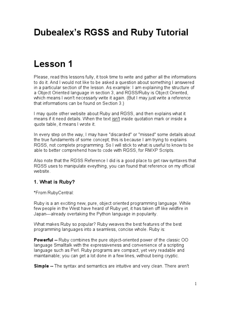 Dubealex - 'S RGSS and Ruby Tutorial | PDF | Ruby (Programming Language ...