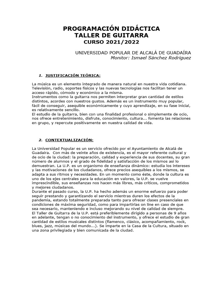 Programación Didáctica Taller de Guitarra 2021 - 2022 | PDF | Acorde (Música) | Guitarras