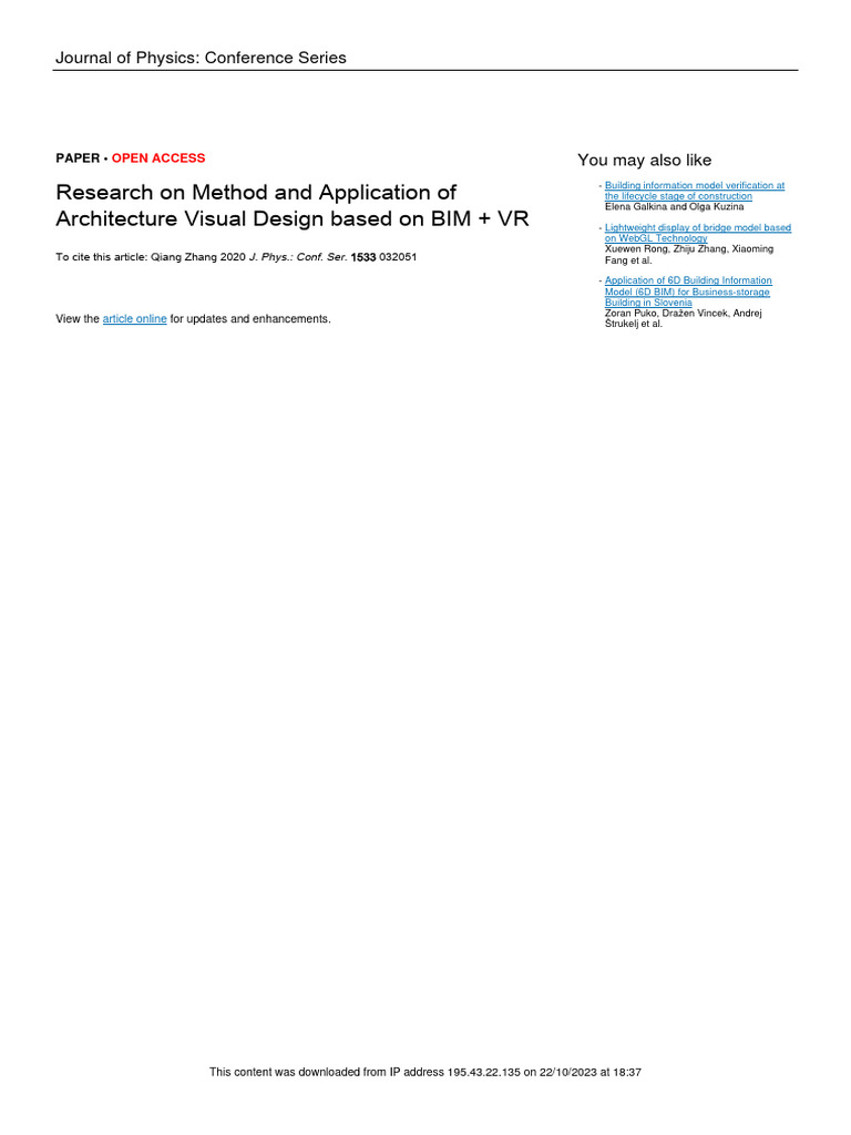 Zhang 2020 J. Phys. Conf. Ser. 1533 032051 | PDF | Virtual Reality | Building Information Modeling