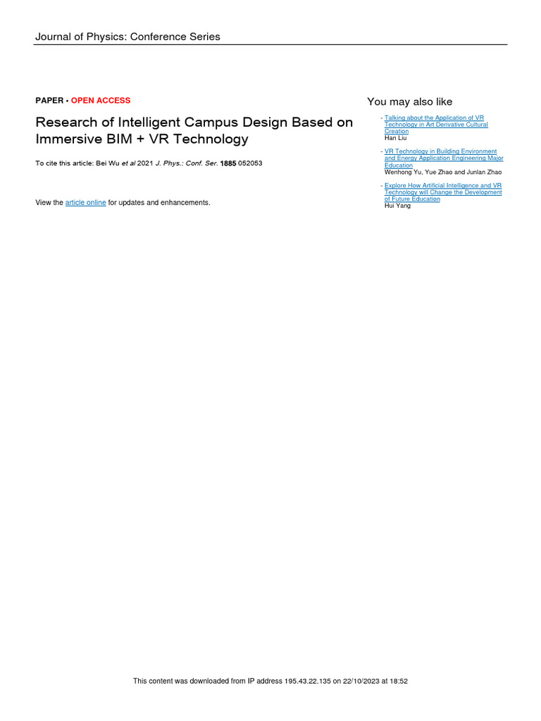 Wu 2021 J. Phys. Conf. Ser. 1885 052053 | PDF | Virtual Reality | Building Information Modeling