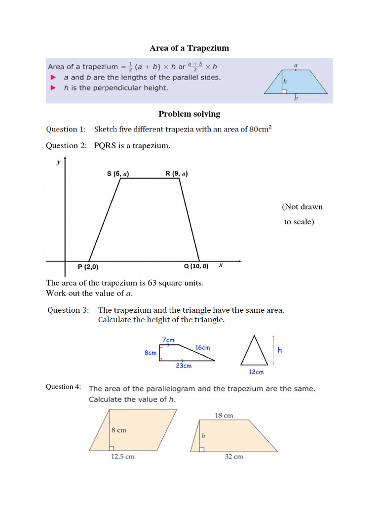 Trapezium Area Problem Worksheet | PDF