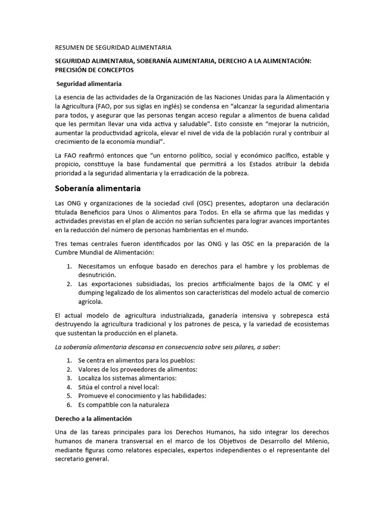 Resumen de Seguridad Alimentaria | PDF | Seguridad alimentaria | Organización de Comida y ...