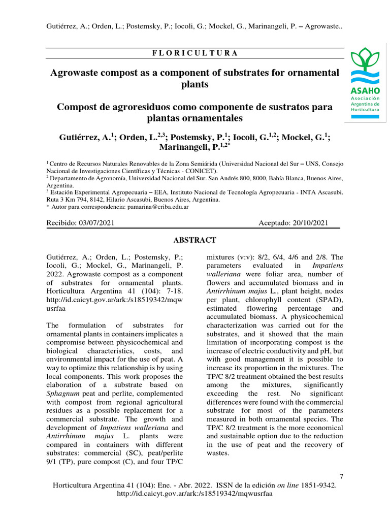 Compost de Agroresiduos - Gutierrez Et Al - ASAHO 2021 | PDF | Botany | Plants
