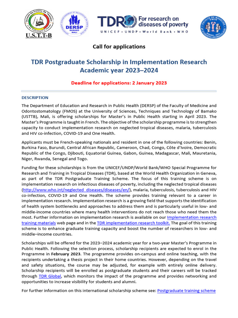 Bourses Oms-Tdr Usttb 2023-2024 en | PDF | World Health Organization | Public Health
