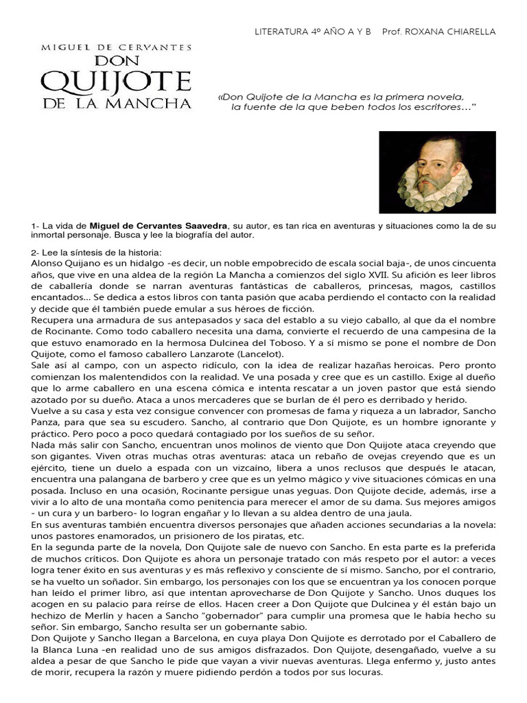 Don Quijote - Guía 4° Año | Descargar gratis PDF | Don Quijote | Novelas