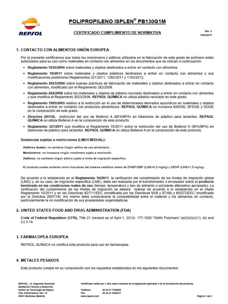 Certificado Cumplimineto Normativa. PP ISPLEN PB130 G1M (Español) | PDF ...